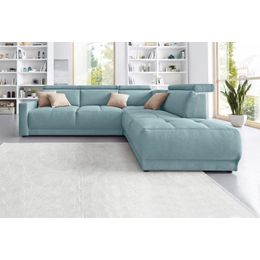 Ecksofa DOMO collection "Ava, moderne Sitzheftung mit toller Doppelnaht, komfortabel, L-Form", blau (aqua), B:266cm H:84cm T:99cm, Kunstleder SOFTLUX;Struktur fein (100% Polyester);Zierkissen: Microfaser PRIMABELLE (100% Polyester);Struktur (100% Polyester);Microfaser PRIMABELLE (100% Polyester), Sofas, Ecksofa, mit Ottomane, inkl. Federkern, wahlweise mit Kopfteilverstellungen