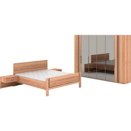 Schlafzimmer-Set Musterring "Sorrent, Kleiderschrank, Bett & Nachtkommoden, teilmassiv Eiche", braun, Schrank 300cm Breit / 216cm Hoch + ohne Matratze, B/H: 180cm x 200cm, Schrank 300cm Breit / 216cm Hoch, Glas, Hartfaserplatte, Holz teilmassiv, Holzwerkstoff, Massivholz, Schlafzimmerm&ouml;bel-Sets, Schlafzimmer-Set, Bett mit Stollenfu&szlig;, Eiche teilmassiv, Spiegelt&uuml;ren in Parsol-Bronze