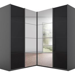 Schwebet&uuml;renschrank Rauch "Kleiderschrank Garderobe Eckkleiderschrank QUADRA mit edler Glasfront", grau (graumetallic, glas basalt), B:181cm H:210cm T:187cm, Holzwerkstoff, Schr&auml;nke, Schwebet&uuml;renschrank, extra gro&szlig;er Eckschrank inkl. Schubladeneinsatz MADE IN GERMANY