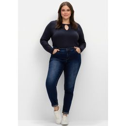 Stretch-Jeans sheego, Damen, Gr. 88, Langgr&ouml;&szlig;en, blau (dunkelblau denim), 74% Baumwolle, 22% Polyester, 3% Viskose, 1% Elasthan, unifarben, lang, Jeans Stretch-Jeans