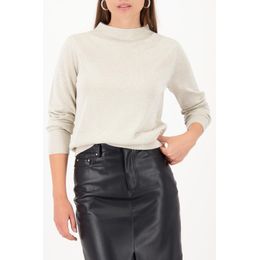 Rundhalspullover monari "Pullover Lurex", Damen, Gr. 42, almond, Web, Obermaterial: 39% Baumwolle, 29% Viskose, 25% Polyester, 7% metallisierte Fasern, unifarben, regular fit taillenbedeckt, Rundhals, eingesetzt abgesteppte Kante, Pullover Rundhalspullover, Regular fit mit Rundhalsausschnitt
