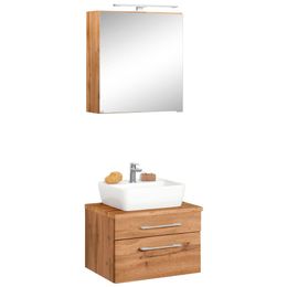 Badm&ouml;bel-Set Welltime "Davos", braun (eichefarben), Kastenm&ouml;bel-Sets, Badm&ouml;bel-Set, Spiegelschrank Breite 60 cm, mit rechteckigem Waschbecken