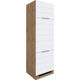 K&uuml;hlumbauschrank KOCHSTATION "KS-Luhe", wei&szlig; (wei&szlig; matt, wotaneiche), B:60cm H:200cm T:60cm, MDF, Schr&auml;nke, K&uuml;hlumbauschrank, 60 cm breit, hochwertige MDF-Fronten mit waagerechter Lisene