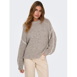Jacqueline de Yong Rundhalspullover JDY "JDYZOEY LIFE L/S ON STITCH PULL KNT NOOS", Damen, Gr. XL, chateau gray detail:with birch stitch, Strick, Obermaterial: 70% Polyester, 21% Nylon, 8% Wolle, 1% Elasthan, unifarben mit Farbeinsatz, oversize h&uuml;ftlang, Rundhals, Strickb&uuml;ndchen, Pullover Rundhalspullover, mit dekorativen Ziern&auml;hten