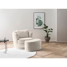 Drehsessel Home Affaire "MAISIE, Love Seat,Lese-Sessel,Sessel-Set, mit Hocker", beige (hellbeige), B:95cm H:77cm T:133cm, Sessel, Drehsessel, in MEGA CORD und Web-Velours, drehbar 360 Grad mit Hocker