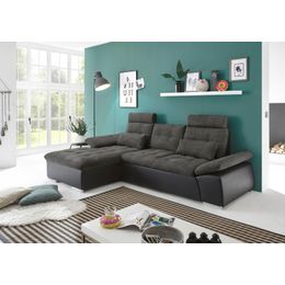 Ecksofa ED EXCITING DESIGN "Jakarta L-Form", schwarz, B:268cm H:103cm T:170cm, Lederl.: 40% Polyurethan, 40% Polyvenylchlorid; 20% Polyester;Sumatra: 100% Polyester, Sofas, Ecksofa, mit Bettfunktion, Armteilverstellung, Kopfst&uuml;tzen & 2 Nierenkissen