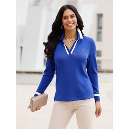 Poloshirt Inspirationen "Poloshirt", Damen, Gr. 44, blau (royalblau, sand, gemustert), 50% Modal, 44% Polyester, 6% Elasthan, gemustert, mehrfarbig, unifarben, V-Ausschnitt, Shirts Poloshirt