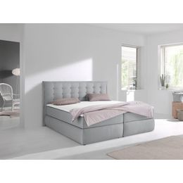 Boxspringbett Home Affaire "Sagres", grau, B:215cm L:210cm, Feinstruktur(100% Polyester);Bezug der Spiegelfl&auml;che Matratzendrell aus 100% Polyester, Komplettbetten, Boxspringbett, Kopfteil mit 2farbiger Flatterbiese und zweifarbigen Kn&ouml;pfen