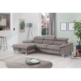 Ecksofa COTTA "Komaris L-Form, B: 244 cm", grau, B:244cm H:72cm T:166cm, Microfaser PRIMABELLE (100% Polyester);Kunstleder SOFTLUX(100%Polyurethan);Feinstruktur (100% Polyester);Kunstleder SOFTLUX/Struktur (100%Polyurethan, 90%Polyester, 10% Polyacryl), Sofas, Ecksofa, mit Kopfteilverstellung, optional Bettfunktion, Bettkasten & Licht