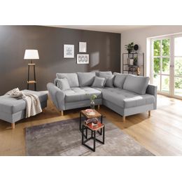 Ecksofa Home Affaire "Rice L-Form, B: 223 cm - OTTO. Verl&auml;ssliche Qualit&auml;t.", grau (silbergrau), B:223cm H:47cm T:184cm, Luxus-Microfaser (100% Polyester);Struktur fein (100% Polyester);Microfaser PRIMABELLE (100% Polyester);Samtoptik (100% Polyester), Sofas, Ecksofa, Set: Sofa & Hocker, mit 3 Zierkissen, Federkern