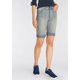 Jeansbermudas Arizona, Damen, Gr. 52, N-Gr, blau (blau bleache), Denim/Jeans, Obermaterial: 79% Baumwolle, 19% Polyester, 2% Elasthan, Basic, schmal kniefrei, Jeans Jeansbermudas, schmale Passform, krempelbarer Saum, Usedwaschung, hohe Leibh&ouml;he