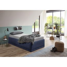 Polsterbett "Texel", blau (navy), B:106cm H:34cm L:206cm, Bezug Bett: Veloursstoff 100% Polyester oder Microfaser (100% Polyester);Bonnell-Federkernmatratze: 51% Polypropylen, 39% Polyester und 10% Baumwolle;Kaltschaummatratze: 100% Polyester, Bezug abnehm- und waschbar bis 60C;Kissenbezug: 100% Polyester, F&uuml;llung : 100% Polyester (Hohlfaser), Westfalia Schlafkomfort, Betten, Polsterbett, Standard