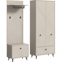 Garderoben-Set Home Affaire "Mento, 3-teilig, Ornamentfr&auml;sung in der Front, bestehend aus:", beige (sandbeige), B:195cm H:190cm T:35cm, FSC-zertifizierter Holzwerkstoff, MDF, Kastenm&ouml;bel-Sets, Garderoben-Set, Sitzbank, Garderobenpaneel & Garderobenschrank, Metall Griffe & F&uuml;&szlig;e