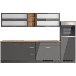 K&uuml;chenzeile KOCHSTATION "KS-Milan, optional mit Muldenl&uuml;fter", k&uuml;che: grau, front: grau hochglanz, korpus: grafitgrau, arbeitsplatte: wotaneichefarben, B:300cm H:166cm T:60cm, Komplettk&uuml;chen-Sets, K&uuml;chenzeile, Breite 300 cm, wahlweise mit E-Ger&auml;ten, Kochfeld mit Dunstabzug