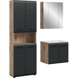 Badezimmer-Set Welltime, nox oak nb, sschwarz matt, B:135cm H:185cm T:46cm, Holzwerkstoff, MDF, Kastenm&ouml;bel-Sets, Badezimmer-Set, Florenz, Badkombination 4-tlg.,Nox Oak NB, inkl. Waschbecken
