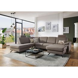 Wohnlandschaft DIE PLANBAR "PN-EM15047 U-Form, mit Kopfst&uuml;tzen", artischocke, B:309cm H:104cm T:235cm, Sofas, Wohnlandschaft, Echtleder, wahlweise mit Bettfunktion u. Stauraum