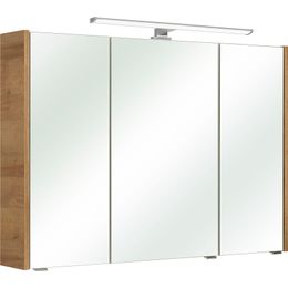 Spiegelschrank SAPHIR "Quickset 362 Badschrank, 3 Spiegelt&uuml;ren, 6 Einlegeb&ouml;den, 100 cm breit", braun (riviera eiche nachbildung), B:100cm H:70cm T:18cm, Holzwerkstoff, Schr&auml;nke, Spiegelschrank, inkl. LED-Beleuchtung, T&uuml;rd&auml;mpfer, Schalter-/Steckdosenkombination