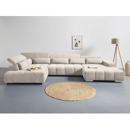 Wohnlandschaft COTTA "Orion U-Form", beige, B:409cm H:73cm T:225cm, 100% Polyester, Sofas, Wohnlandschaft, mit Kopfteilverstellung & 6 Nierenkissen