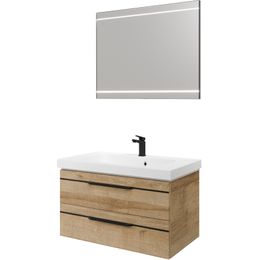 Badm&ouml;bel-Set SAPHIR "Balto 2-teilig Mineralmarmor-Waschtisch mit LED-Spiegel, Waschplatz", braun (riviera eiche quer nachbildung mit schwarzer einlage), B:92cm H:200cm T:50,8cm, Holzwerkstoff, Kastenm&ouml;bel-Sets, Badm&ouml;bel-Set, 92 cm breit, mit 2 Schubladen, Badschrank inkl. Schubladend&auml;mpfer