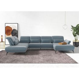 Sit & More Wohnlandschaft SIT & MORE "Coco U-Form", blau (blau, grau), B:382cm H:88cm T:242cm, 100% Polyester, Sofas, Wohnlandschaft, Sitztiefen-, Arm- und Kopfteilverstellung, Cord-Bezug, Fu&szlig;h&ouml;he 15 cm