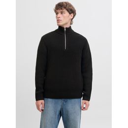 Jack & Jones Troyer JACK & JONES "JORBLEECKER KNIT HALF ZIP BF", Herren, Gr. S, schwarz, Strick, Obermaterial: 65% Polyacryl, 35% Baumwolle, unifarben, regular fit h&uuml;ftlang, hoch geschlossener Ausschnitt, Rippb&uuml;ndchen, Pullover Troyer