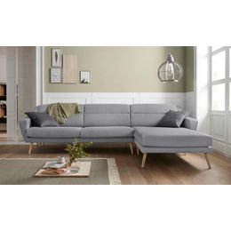 Ecksofa OTTO HOME "Bille L-Form", grau (hellgrau), B:302cm H:86cm T:178cm, Samtoptik (100% Polyester);Luxus-Microfaser weich (100% Polyester);Struktur (100% Polyester);Struktur fein (100% Polyester), Sofas, Ecksofa, mit Naht im R&uuml;ckenkissen und Beinen aus Eichenholz