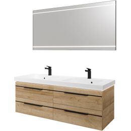 Badm&ouml;bel-Set SAPHIR "Balto 2-teilig Mineralmarmor-Doppelwaschtisch mit LED-Spiegel", braun (riviera eiche quer nachbildung mit schwarzer einlage), B:150cm H:200cm T:50,8cm, Holzwerkstoff, Kastenm&ouml;bel-Sets, Badm&ouml;bel-Set, Waschplatz 150 cm breit, 4 Schubladen, inkl. Schubladend&auml;mpfer