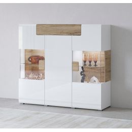 Highboard OTTO HOME "Toledo,Breite 147,5cm,trendige Hochkommode mit 3T&uuml;ren und Schublade", wei&szlig; (wei&szlig; matt, wei&szlig; hgl, san remo eiche), B:147,5cm H:132cm, ABS-Kunststoff, FSC-zertifizierter Holzwerkstoff, Glas, MDF, Metall, Sideboards, Highboard, Hochschrank mit Glas-Partien,stylische Hochglanzfronten