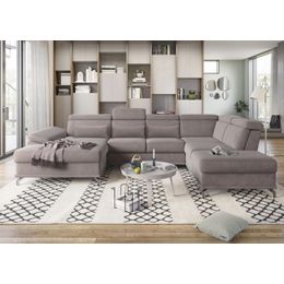 Sit & More Wohnlandschaft SIT & MORE "Cabrio U-Form, B: 359 cm, mit Sitztiefen-, Arm- & Kopfteilverstellung", braun (savannah), B:359cm H:87cm T:230cm, 100% Polyester, Sofas, Wohnlandschaft, 3 Nierenkissen, Federkern, optional Bettfunktion und Stauraum