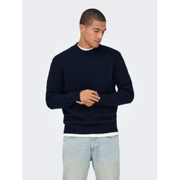 Only & Sons Rundhalspullover ONLY & SONS "ONSJAMES RLX CREW KNIT", Herren, Gr. XXL, blau (schwarz sapphire), Strick, Obermaterial: 78% Baumwolle, 16% Polyester, 3% Wolle, 3% Elasthan, unifarben, relaxed fit normal, Rundhals, B&uuml;ndchen, Pullover Rundhalspullover, Baumwollmischung, relaxed fit