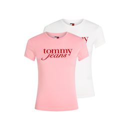 T-Shirt Tommy Jeans "TJW 2PACK ESSENTIAL LOGO TEE", Damen, Gr. M (38), pink (ecru, pink sugar), Single Jersey, Obermaterial: 70% Baumwolle, 30% Viskose, bedruckt, slim fit kurz, Rundhals, abgesteppt, Shirts T-Shirt, mit Logodruck