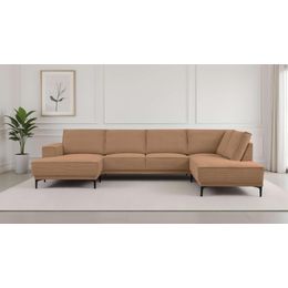 Wohnlandschaft OTTO HOME "XXL Sofa Oland, Struktur, Flachgewebe, Luxus-Microfaser, Boucle", light braun, B:345cm H:85cm T:210cm, 92%PES 8%NY, Sofas, Wohnlandschaft, U-Form, 345 cm, Wellenunterfederung, Skandi-Design, Metallf&uuml;&szlig;e