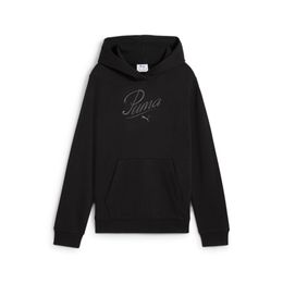 Kapuzensweatshirt Puma "ESS SCRIPT HOODIE TR G", M&auml;dchen, Gr. 164, schwarz (Puma schwarz), Sweatware, Obermaterial: 68% Baumwolle, 32% Polyester, bedruckt, regular fit normal, angesetztes B&uuml;ndchen, Sweatshirts Kapuzensweatshirt, f&uuml;r Jugendliche, mit grafischer Stickerei, mit K&auml;ngurutasche