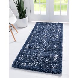 Hochflor-L&auml;ufer "Temara Shag, LAGERR&Auml;UMUNG", blau (marineblau, elfenbeinfarben), B:79cm H:51mm L:305cm, Polypropylen (PP), MyFlair M&Ouml;BEL & ACCESSOIRES, Teppiche, Hochflor-L&auml;ufer, Teppich-L&auml;ufer, gewebt, Scandi Design, ideal im Flur & Schlafzimmer
