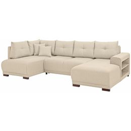 Wohnlandschaft Home Affaire "Viborg U-Form", beige, B:300cm H:91cm T:162cm, Filzoptik (100% Polyester);Struktur (100% Polyester);Struktur fein ( 100% Polyester), Sofas, Wohnlandschaft, mit Regal in der Armlehne, wahlweise mit Bettfunktion