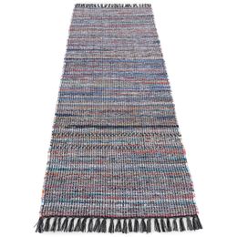 Teppich CarpetFine "Kelim Chindi, Wendeteppich", schwarz, B:75cm H:6mm L:240cm, Baumwolle, Polyester, Teppiche, Teppich, handgewebt, Fleckerlteppich mit Fransen, auch vielen in L&auml;ufergr&ouml;&szlig;en