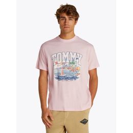 T-Shirt Tommy Jeans "TJM RLX ARCH SAILING SS TEE EXT", Herren, Gr. M, rosa (precious pink), Single Jersey, Obermaterial: 100% Baumwolle, relaxed fit, Rundhals, Shirts T-Shirt, mit gro&szlig;em, mehrfarbigen Print auf der Brust