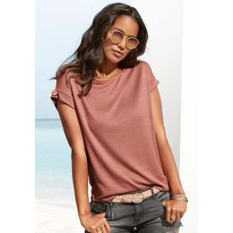 Kurzarmshirt Lascana "mit Knopfdetail am &Auml;rmelabschluss", Damen, Gr. 40/42, rosa (altrosa), Feinstrick, Obermaterial: 50% Viskose, 46% Polyester, 4% Elasthan, unifarben, Basic, bequem, Rundhals, mit Umschlag mit Kn&ouml;pfen, Shirts Kurzarmshirt, aus weichem Viskose-Feinstrick, Topseller
