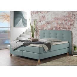 Boxspringbett Home Affaire "Cecina", blau (petrol), B:202cm L:210cm, Struktur fein (100% Polyester), Komplettbetten, Boxspringbett, in 5 Breiten, 3 Ausf&uuml;hrungen, 2 H&auml;rtegrade, Knopfheftung, Topper