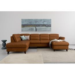 Sit & More Wohnlandschaft SIT & MORE "Mellum U-Form", braun (haselnuss), B:306cm H:87cm T:212cm, 100% Polyester, Sofas, Wohnlandschaft, Federkern, wahlweise mit Bettfunktion, Stauraum und Armteilfunktion