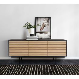 Sideboard WOODMAN "Stripe", schwarz (eichefarben, schwarz), B:161cm H:70cm T:45cm, Holzwerkstoff, MDF, Sideboards, Sideboard, besonderes Design, 3 Push-to-Open-T&uuml;ren, Breite 161 cm, FSC