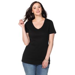 T-Shirt sheego "T-Shirt", Damen, Gr. 56/58, schwarz, 100% Baumwolle, unifarben, V-Ausschnitt, Shirts T-Shirt