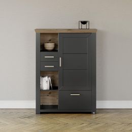 Highboard "York", grau (grau anthrazit mit eiche artisan), B:105cm H:143cm T:42cm, SET ONE BY Musterring, Sideboards, Highboard, Typ 25 und 26, in 3 Farbvarianten, Beleuchtung optional, Breite 105 cm