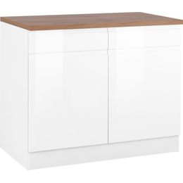 Unterschrank KOCHSTATION "KS-Virginia", wei&szlig; (wei&szlig; hochglanz, wotaneiche), B:100cm H:85cm T:60cm, Holzwerkstoff, MDF, Schr&auml;nke, Unterschrank, 100 cm breit, mit 2 T&uuml;ren und 2 Schubk&auml;sten
