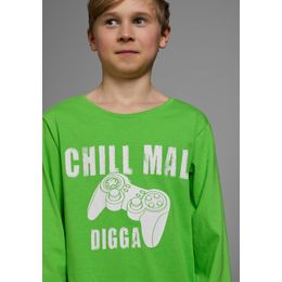 Langarmshirt Kidsworld "CHILL MAL DIGGA", Jungen, Gr. 164/170, gr&uuml;n (neongr&uuml;n), Jersey, Obermaterial: 100% Baumwolle, bedruckt, Basic, Rundhals, Shirts Langarmshirt, Langarm, Basic-Passform, mit peppigem Aufdruck