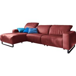 Ecksofa Home Affaire "Juist L-Form", rot, B:290cm H:85cm T:180cm, NaturLEDER (echtes Rindsleder);Luxus-Microfaser Lederoptik 100% Polyester, , Sofas, Ecksofa, mit Kopfteilverstellung und schwarzen Metallkufen