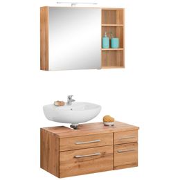 Badm&ouml;bel-Set Welltime "Davos", braun (eichefarben), Siphonausschnitt links, Holzwerkstoff, Kastenm&ouml;bel-Sets, Badm&ouml;bel-Set, Spiegelschrank, Regal und Waschbeckenunterschrank