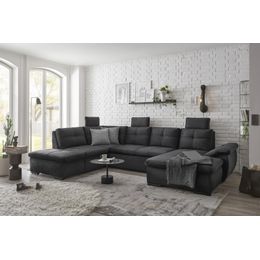 Wohnlandschaft ED EXCITING DESIGN "Alija U-Form", schwarz, B:334cm H:107cm T:217cm, 100% Polyester, Sofas, Wohnlandschaft, mit Bettfunktion, Bettkasten, Armteilverstellung & Kopfst&uuml;tzen