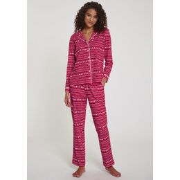 Pyjama Lascana, Damen, Gr. 44/46, rot (rot gemustert), Single Jersey, Obermaterial: 100% Baumwolle, gemustert, Basic, loose fit lang, V-Ausschnitt, eingesetzt Manschette, Homewear-Sets Pyjama, mit Alloverprint