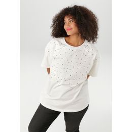 Kurzarmshirt ANISTON PLUS, Damen, Gr. 52, wei&szlig;, angeraute Sweatware, Obermaterial: 80% Baumwolle, 20% Polyester, unifarben, oversize Po-bedeckend, Rundhals, Shirts Kurzarmshirt, mit Nieten Applikation verziert